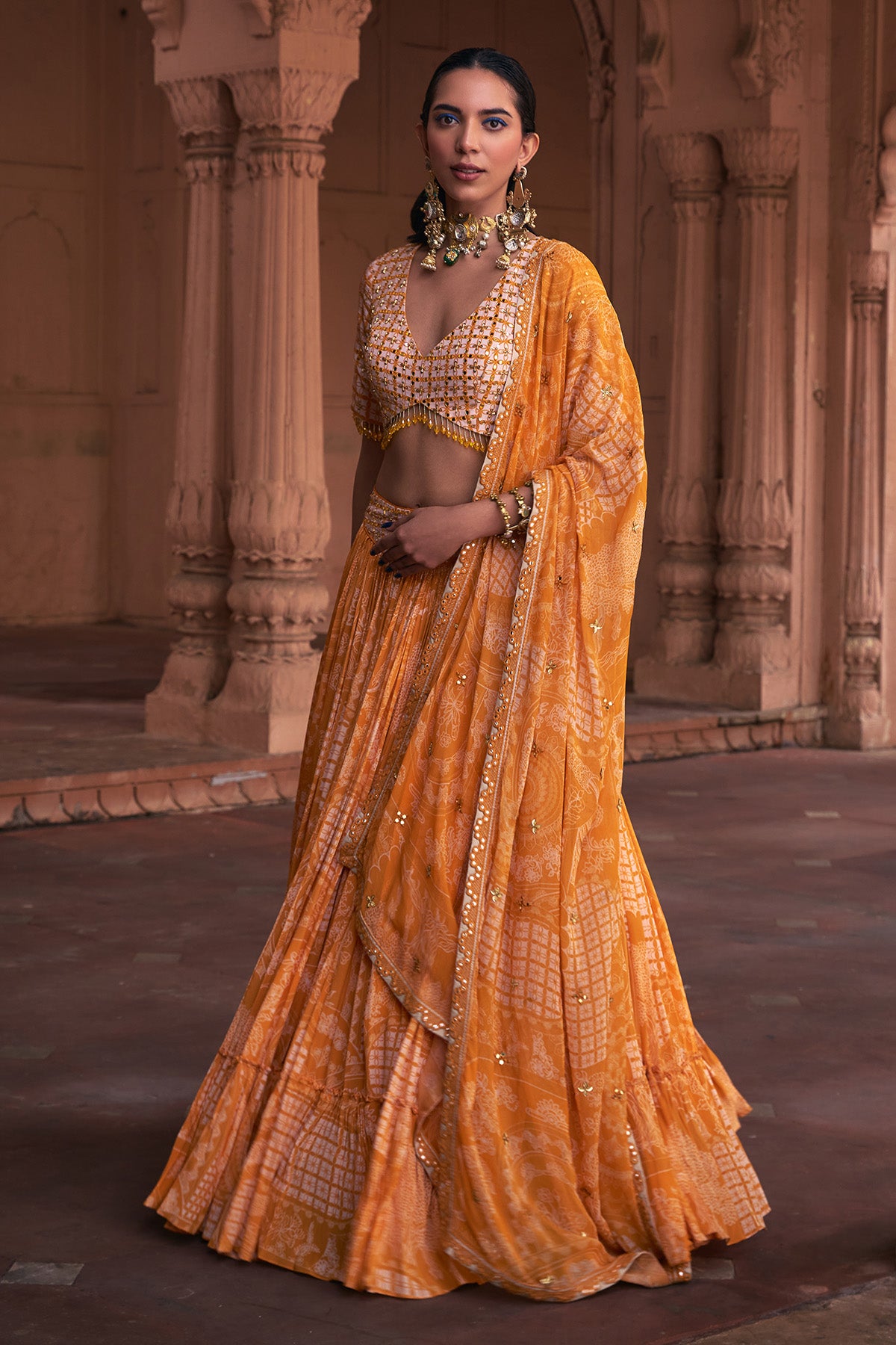 MUSTARD THIKRI PRINT & HIGHLIGHTED LEHENGA SET