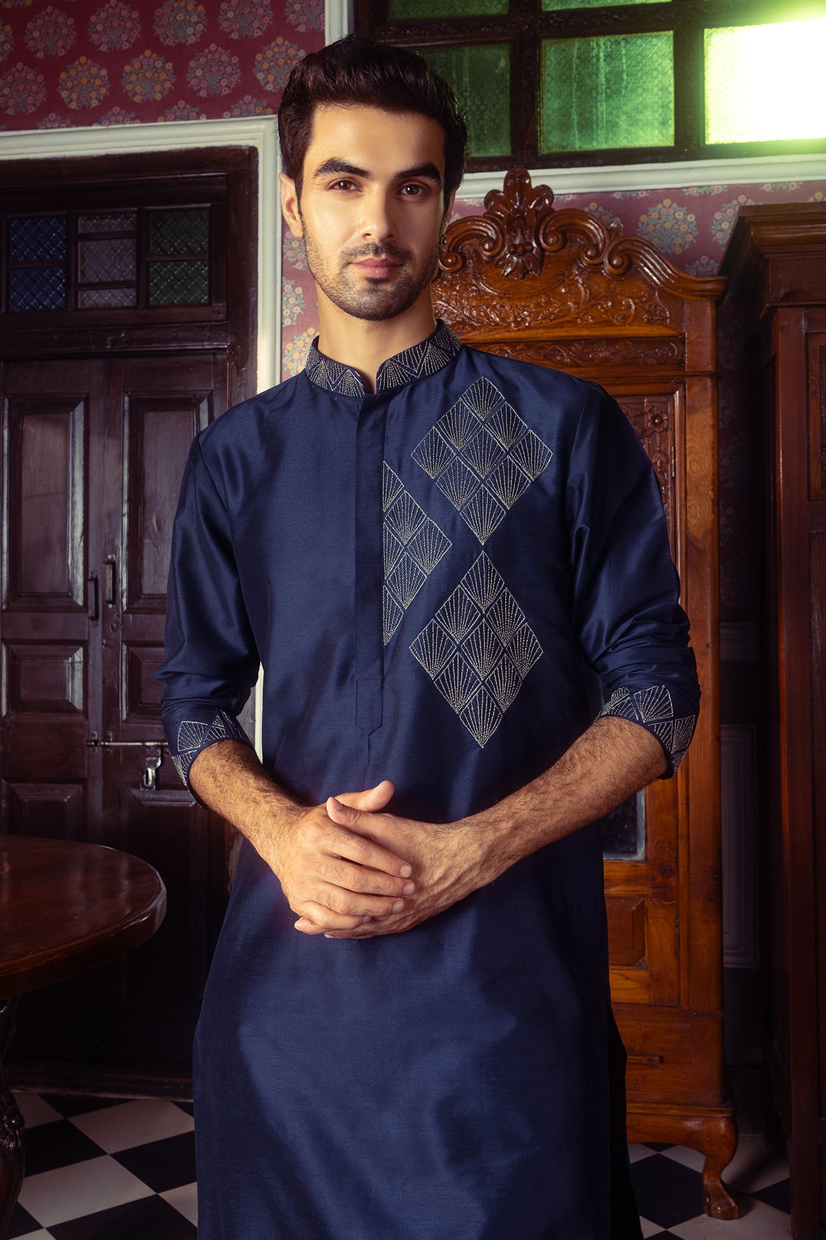 Dark Blue Embroidered Kurta & Pants