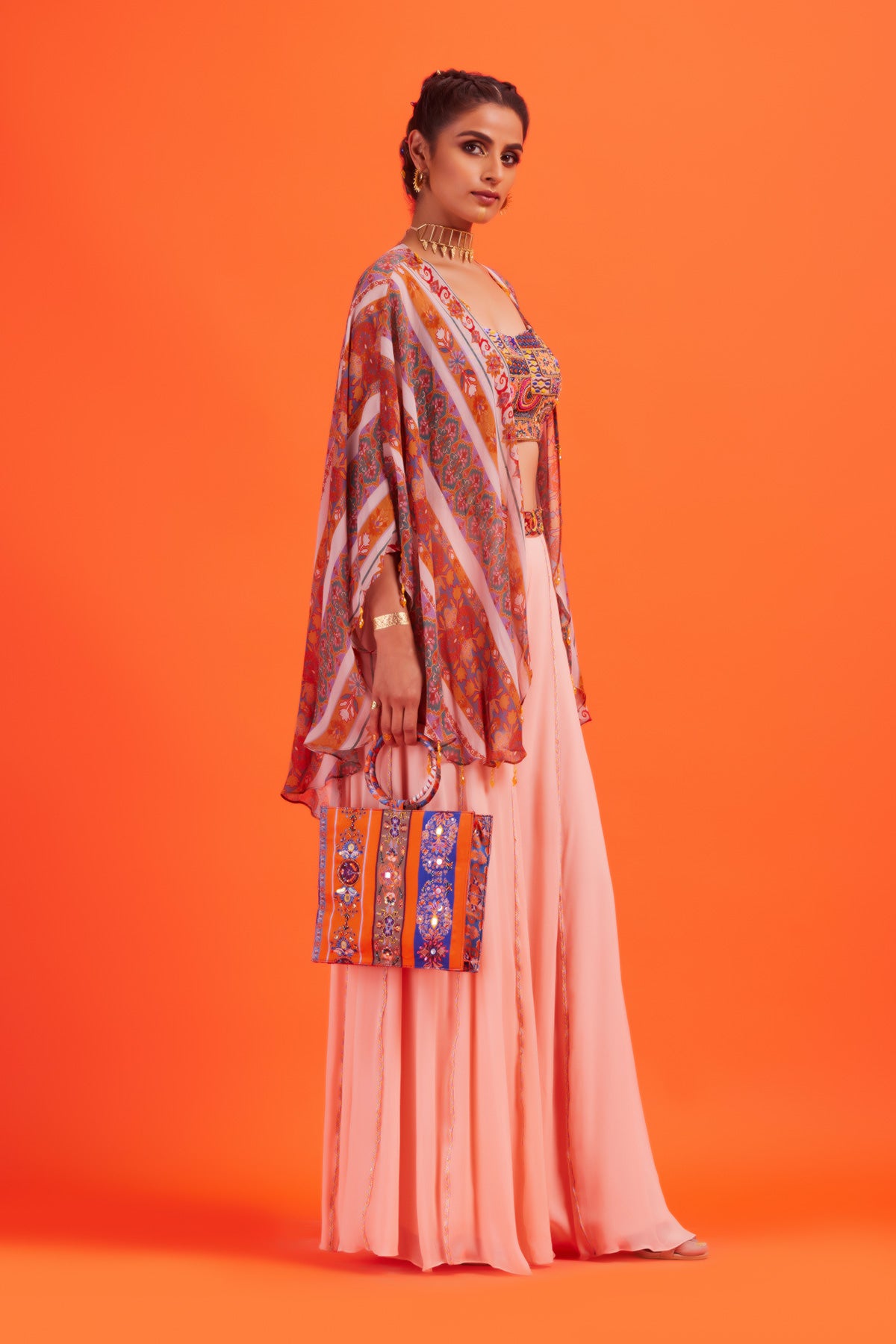 Peach Thread Sequins Geometric Cape Set