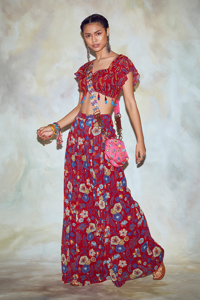 Crimson Red Leaf Print Crop Top Set